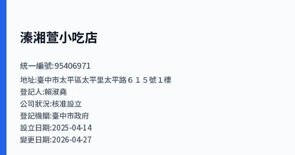 溱湘萱小吃店的照片-統編 95406971(臺中市) 公司登記資料與營業項目詳細圖表