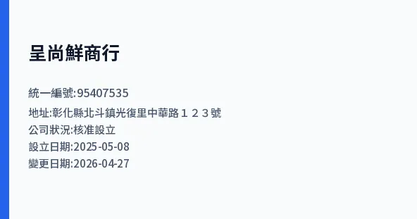 呈尚鮮商行的照片-統編 95407535(彰化縣) 公司登記資料與營業項目詳細圖表