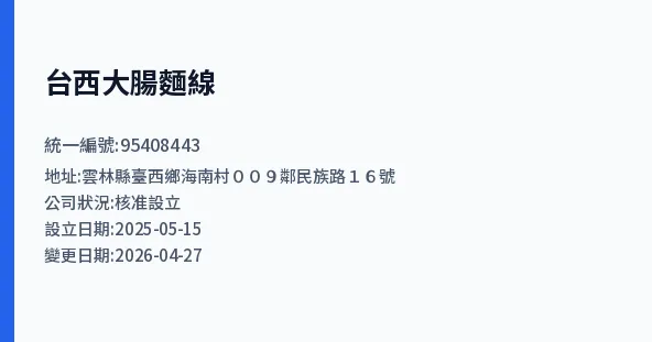 台西大腸麵線的照片-統編 95408443(雲林縣) 公司登記資料與營業項目詳細圖表