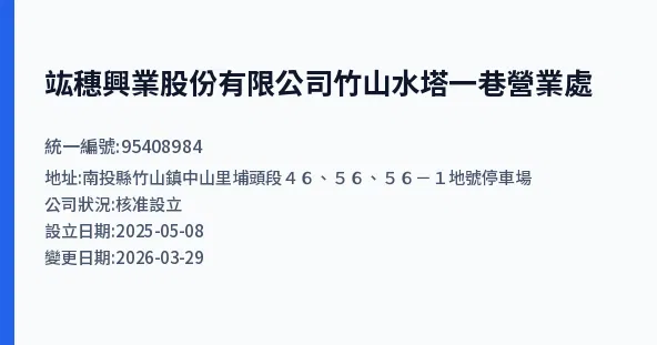 竑穗興業股份有限公司竹山水塔一巷營業處的照片-統編 95408984(南投縣) 公司登記資料與營業項目詳細圖表