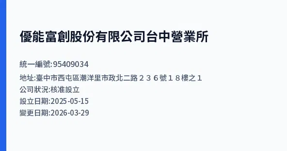 優能富創股份有限公司台中營業所的照片-統編 95409034(臺中市) 公司登記資料與營業項目詳細圖表
