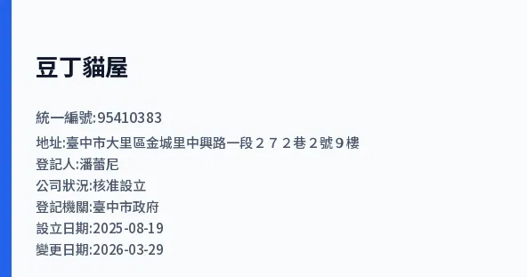 豆丁貓屋的照片-統編 95410383(臺中市) 公司登記資料與營業項目詳細圖表
