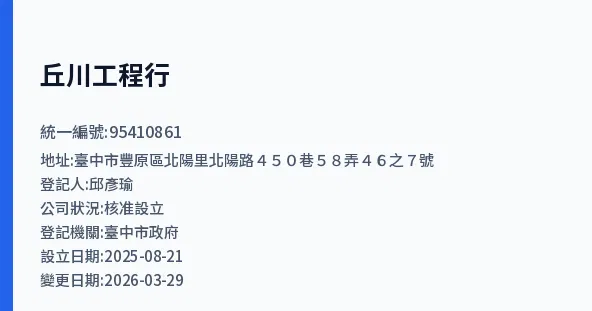 丘川工程行的照片-統編 95410861(臺中市) 公司登記資料與營業項目詳細圖表