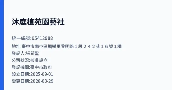 沐庭植苑園藝社的照片-統編 95412988(臺中市) 公司登記資料與營業項目詳細圖表