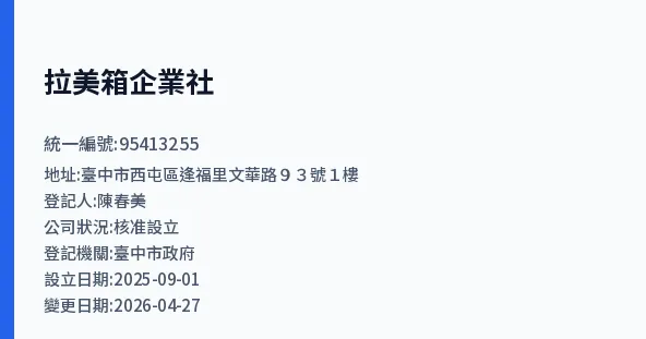 拉美箱企業社的照片-統編 95413255(臺中市) 公司登記資料與營業項目詳細圖表