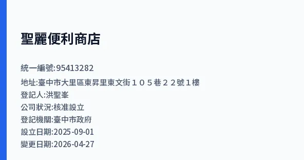 聖麗便利商店的照片-統編 95413282(臺中市) 公司登記資料與營業項目詳細圖表