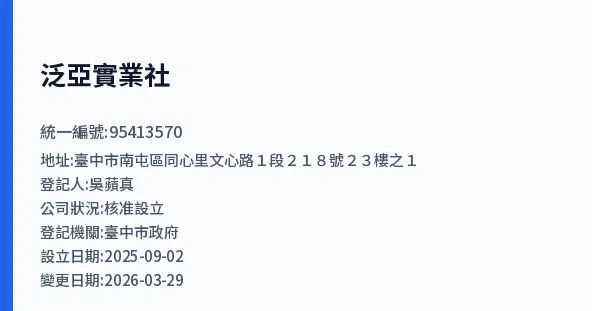 泛亞實業社的照片-統編 95413570(臺中市) 公司登記資料與營業項目詳細圖表