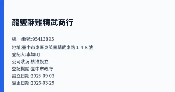 龍鹽酥雞精武商行的照片-統編 95413895(臺中市) 公司登記資料與營業項目詳細圖表