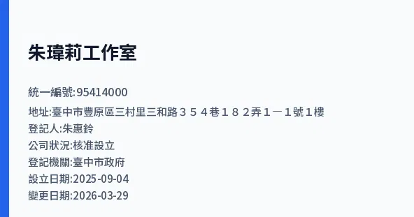 朱瑋莉工作室的照片-統編 95414000(臺中市) 公司登記資料與營業項目詳細圖表