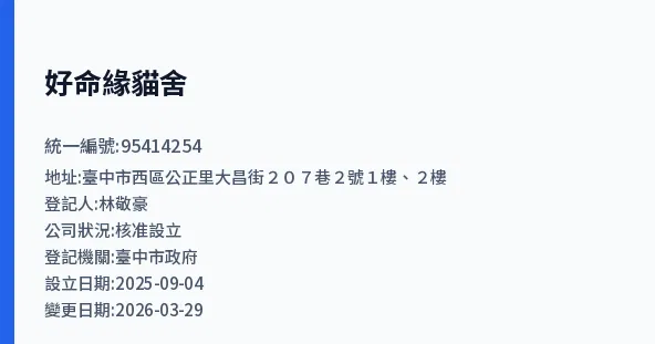 好命緣貓舍的照片-統編 95414254(臺中市) 公司登記資料與營業項目詳細圖表