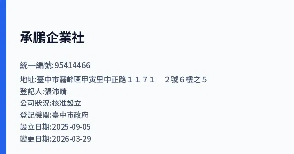 承鵬企業社的照片-統編 95414466(臺中市) 公司登記資料與營業項目詳細圖表