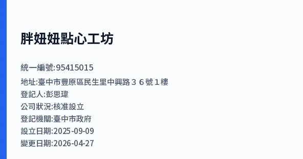 胖妞妞點心工坊的照片-統編 95415015(臺中市) 公司登記資料與營業項目詳細圖表