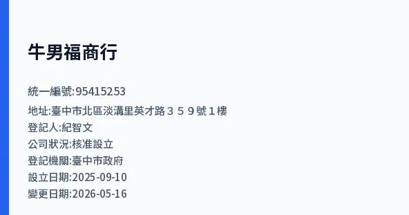 牛男福商行的照片-統編 95415253(臺中市) 公司登記資料與營業項目詳細圖表