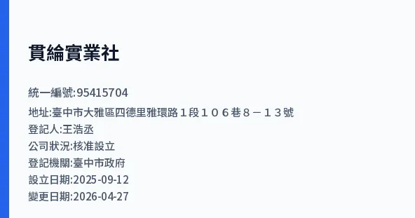 貫綸實業社的照片-統編 95415704(臺中市) 公司登記資料與營業項目詳細圖表