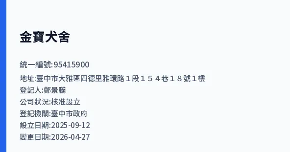 金寶犬舍的照片-統編 95415900(臺中市) 公司登記資料與營業項目詳細圖表