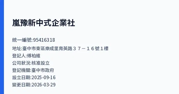 嵐豫新中式企業社的照片-統編 95416318(臺中市) 公司登記資料與營業項目詳細圖表