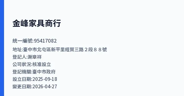 金峰家具商行的照片-統編 95417082(臺中市) 公司登記資料與營業項目詳細圖表