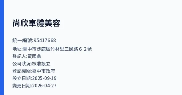 尚欣車體美容的照片-統編 95417668(臺中市) 公司登記資料與營業項目詳細圖表