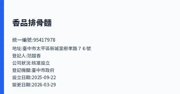 香品排骨麵的照片-統編 95417978(臺中市) 公司登記資料與營業項目詳細圖表