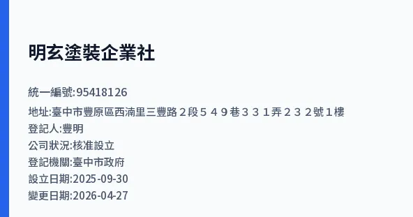 明玄塗裝企業社的照片-統編 95418126(臺中市) 公司登記資料與營業項目詳細圖表