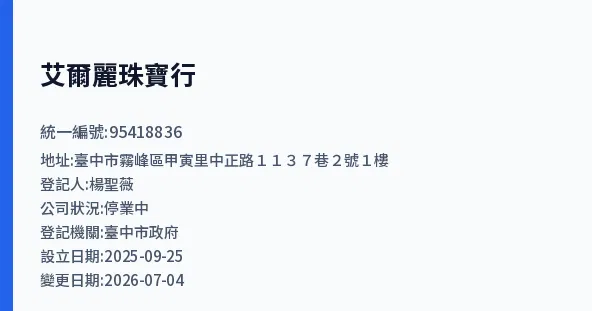 艾爾麗珠寶行的照片-統編 95418836(臺中市) 公司登記資料與營業項目詳細圖表