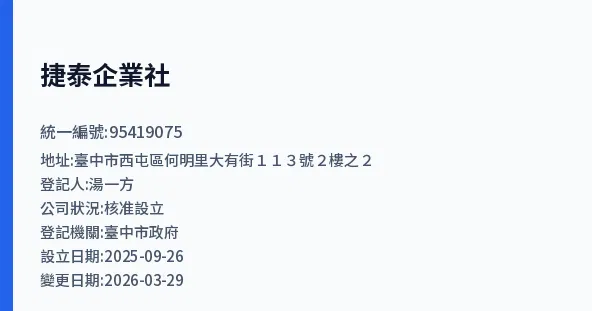 捷泰企業社的照片-統編 95419075(臺中市) 公司登記資料與營業項目詳細圖表