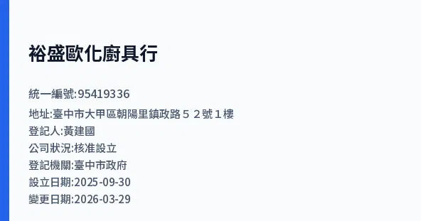 裕盛歐化廚具行的照片-統編 95419336(臺中市) 公司登記資料與營業項目詳細圖表