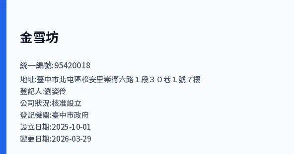 金雪坊的照片-統編 95420018(臺中市) 公司登記資料與營業項目詳細圖表