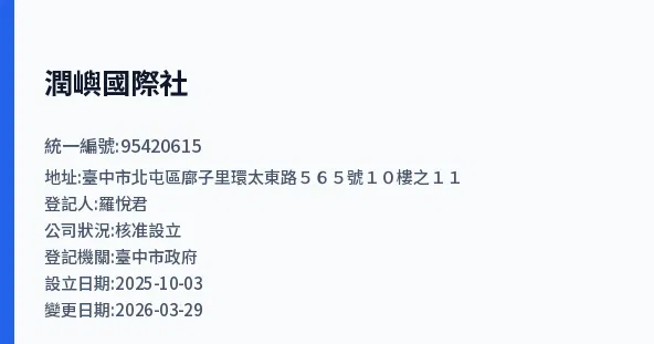 潤嶼國際社的照片-統編 95420615(臺中市) 公司登記資料與營業項目詳細圖表