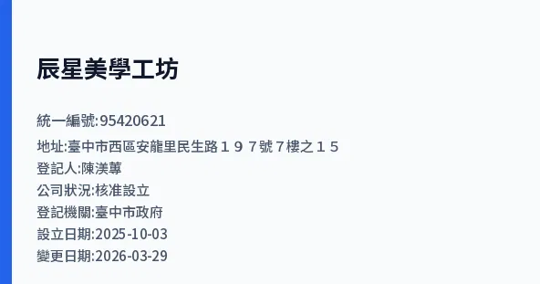 辰星美學工坊的照片-統編 95420621(臺中市) 公司登記資料與營業項目詳細圖表