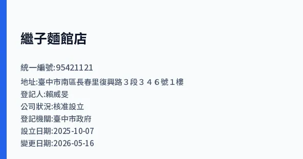 繼子麵館店的照片-統編 95421121(臺中市) 公司登記資料與營業項目詳細圖表