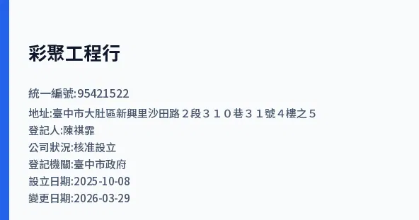 彩聚工程行的照片-統編 95421522(臺中市) 公司登記資料與營業項目詳細圖表