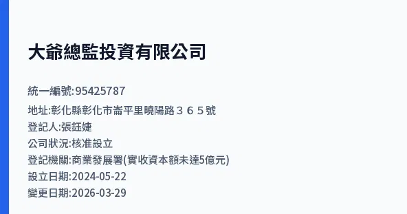 大爺總監投資有限公司的照片-統編 95425787(彰化縣) 公司登記資料與營業項目詳細圖表