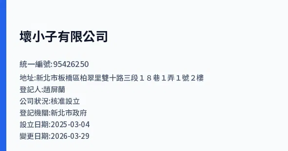壞小子有限公司的照片-統編 95426250(新北市) 公司登記資料與營業項目詳細圖表