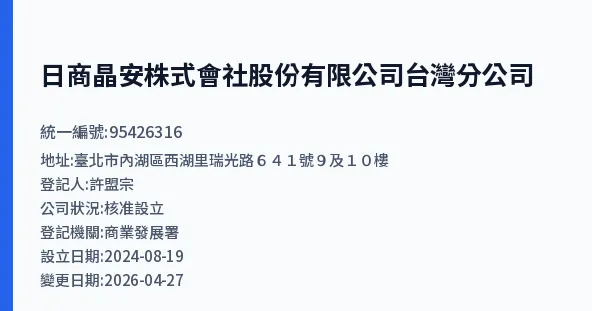 日商晶安株式會社股份有限公司台灣分公司的照片-統編 95426316(臺北市) 公司登記資料與營業項目詳細圖表