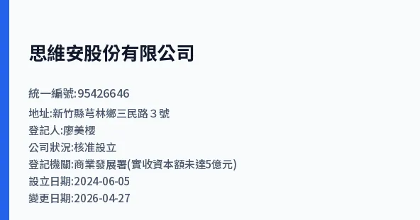 思維安股份有限公司的照片-統編 95426646(新竹縣) 公司登記資料與營業項目詳細圖表