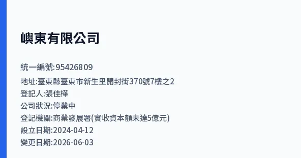 嶼東有限公司的照片-統編 95426809(臺東縣) 公司登記資料與營業項目詳細圖表