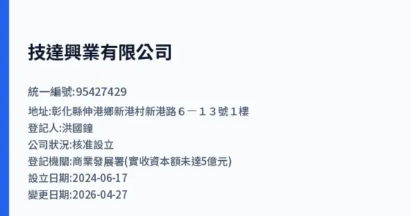 技達興業有限公司的照片-統編 95427429(彰化縣) 公司登記資料與營業項目詳細圖表