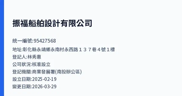 振福船舶設計有限公司的照片-統編 95427568(彰化縣) 公司登記資料與營業項目詳細圖表