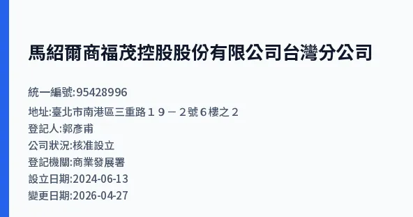 馬紹爾商福茂控股股份有限公司台灣分公司的照片-統編 95428996(臺北市) 公司登記資料與營業項目詳細圖表