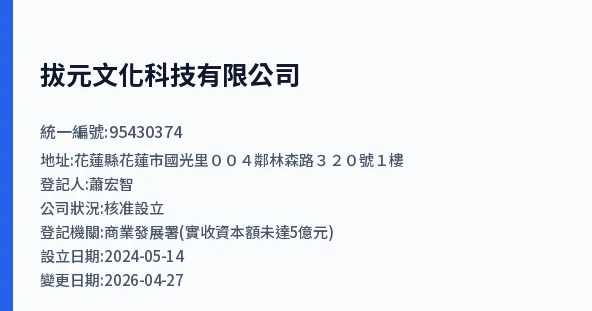 拔元文化科技有限公司的照片-統編 95430374(花蓮縣) 公司登記資料與營業項目詳細圖表