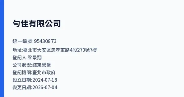 勻佳有限公司的照片-統編 95430873(臺北市) 公司登記資料與營業項目詳細圖表