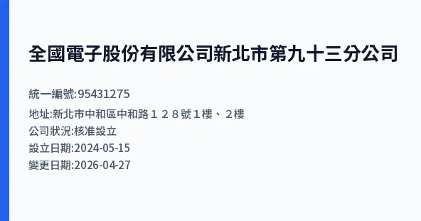 全國電子股份有限公司新北市第九十三分公司的照片-統編 95431275(新北市) 公司登記資料與營業項目詳細圖表