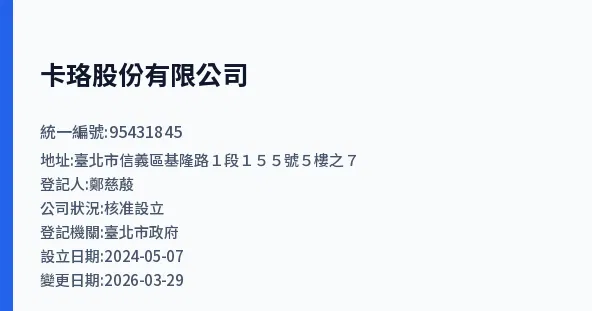 卡珞股份有限公司的照片-統編 95431845(臺北市) 公司登記資料與營業項目詳細圖表
