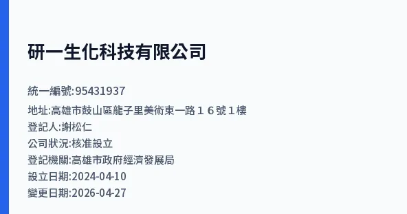 研一生化科技有限公司的照片-統編 95431937(高雄市) 公司登記資料與營業項目詳細圖表