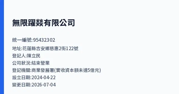 無限躍燚有限公司的照片-統編 95432302(花蓮縣) 公司登記資料與營業項目詳細圖表