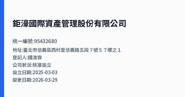 鉅濠國際資產管理股份有限公司的照片-統編 95432680(臺北市) 公司登記資料與營業項目詳細圖表