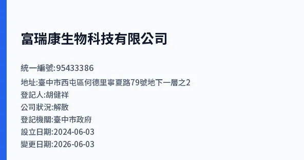 富瑞康生物科技有限公司的照片-統編 95433386(臺中市) 公司登記資料與營業項目詳細圖表