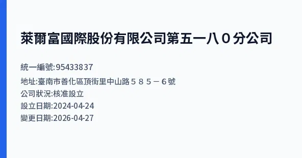 萊爾富國際股份有限公司第五一八0分公司的照片-統編 95433837(臺南市) 公司登記資料與營業項目詳細圖表