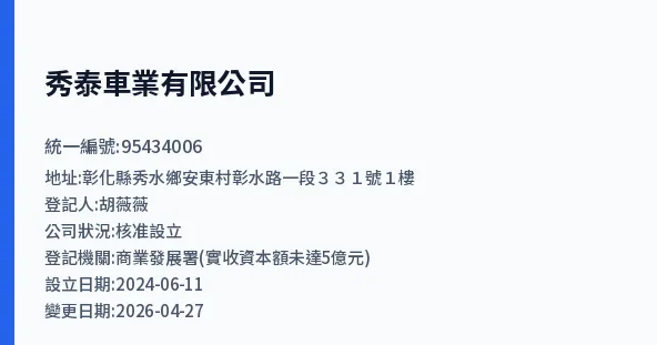 秀泰車業有限公司的照片-統編 95434006(彰化縣) 公司登記資料與營業項目詳細圖表